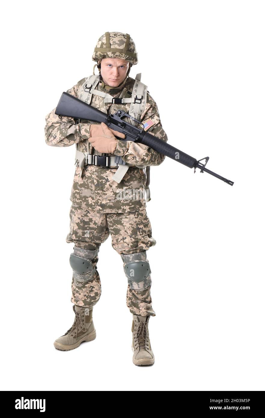 Male soldier with machine gun on white background. Military service ...