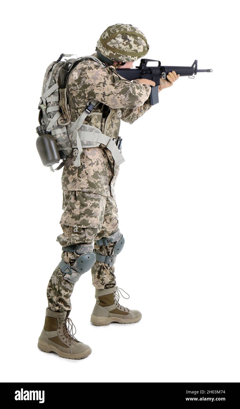 Male soldier with machine gun on white background. Military service ...