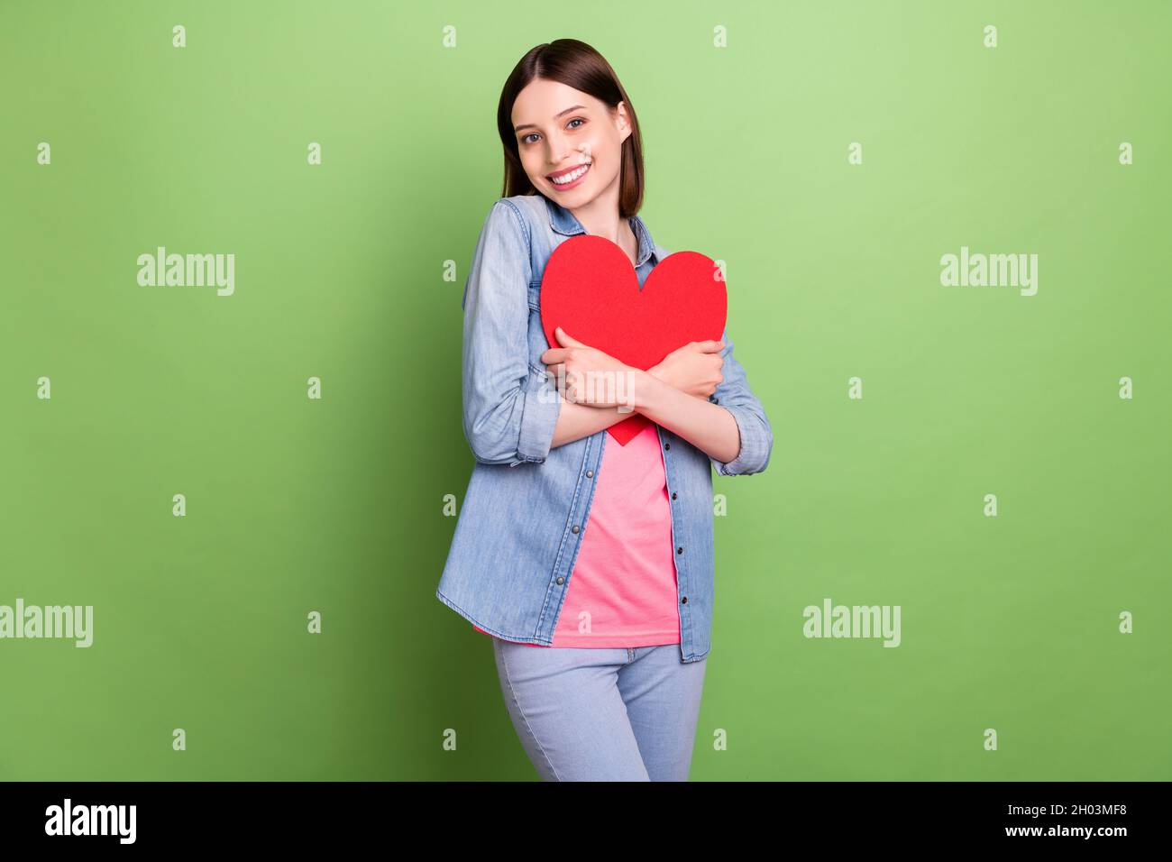 Photo of young girl hug cuddle embrace happy positive smile valentine ...