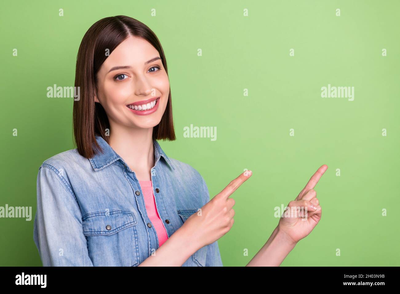 Profile side photo of young girl happy positive smile indicate fingers ...