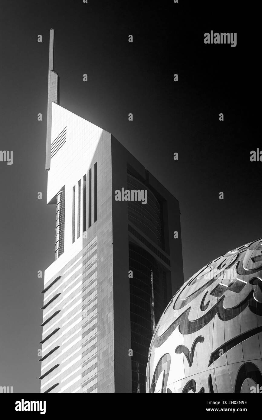 Dubai, UAE - 10.04.2021 Close up shot of Museum of future and Emirates ...