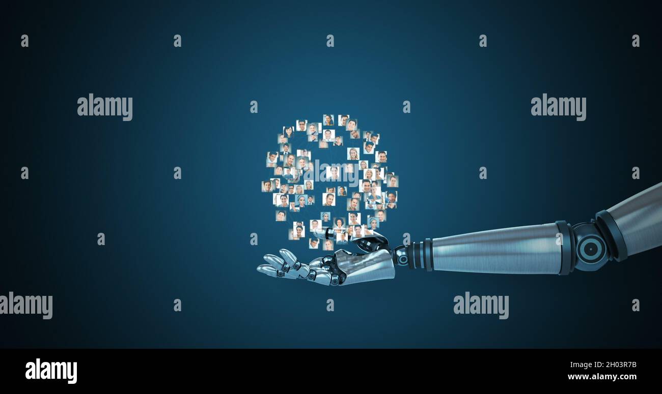 Robotic hand presenting polygon structure with profile picture against ...