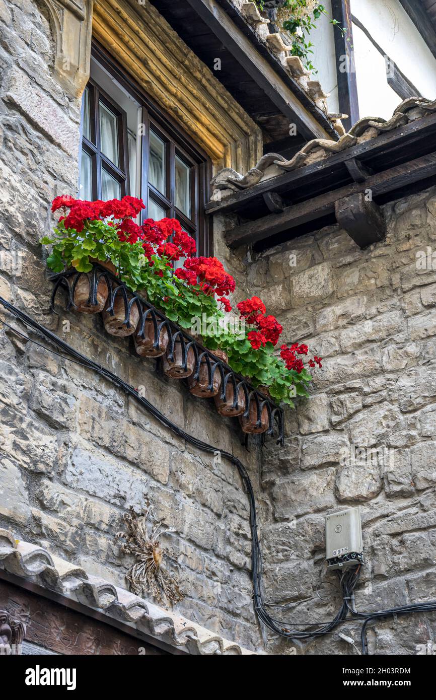 balcony with flowers, Facade of a medieval building in the center of ...