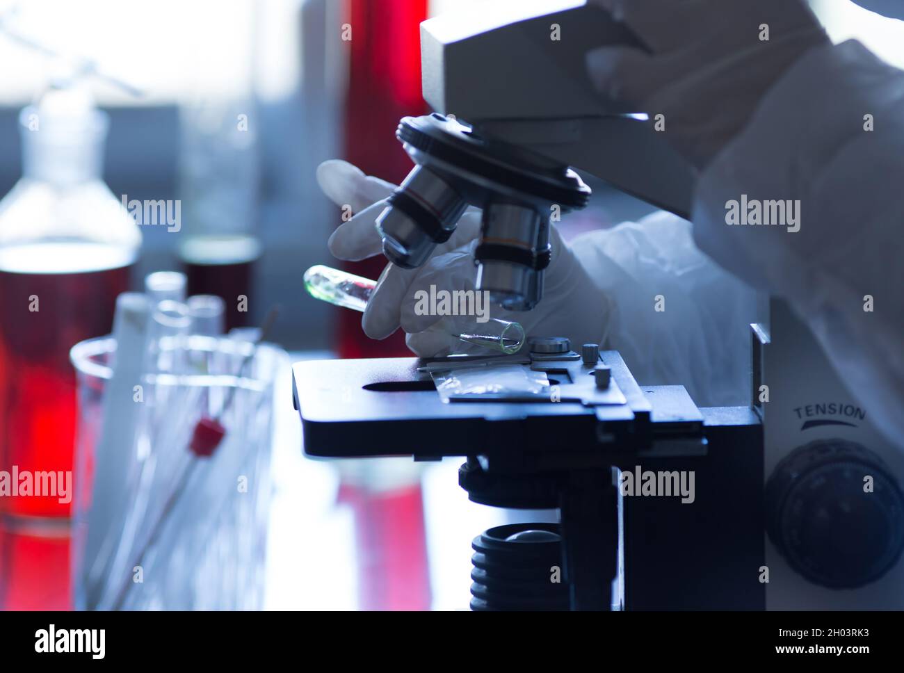 Close up of biologist's hands working with samples on microscope Stock ...