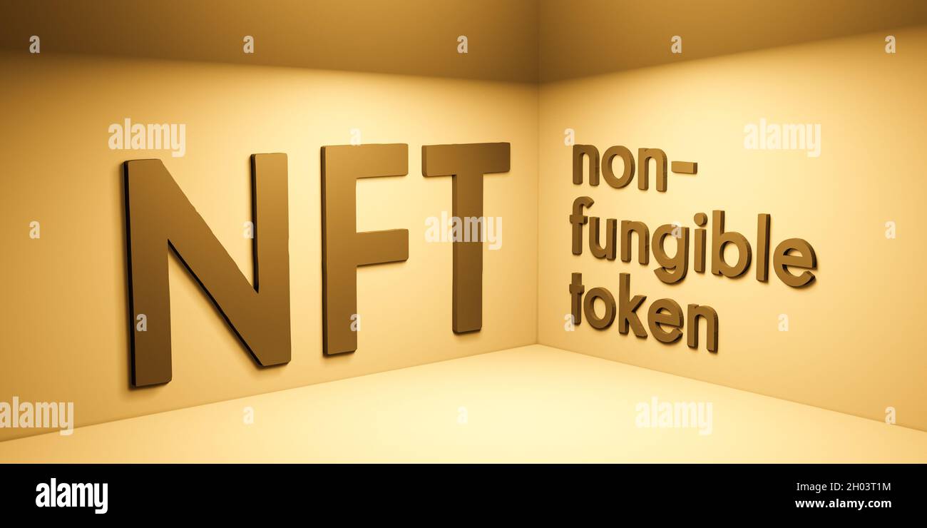 NFT (non-fungible token) word and letters in orange colour, conceptual ...