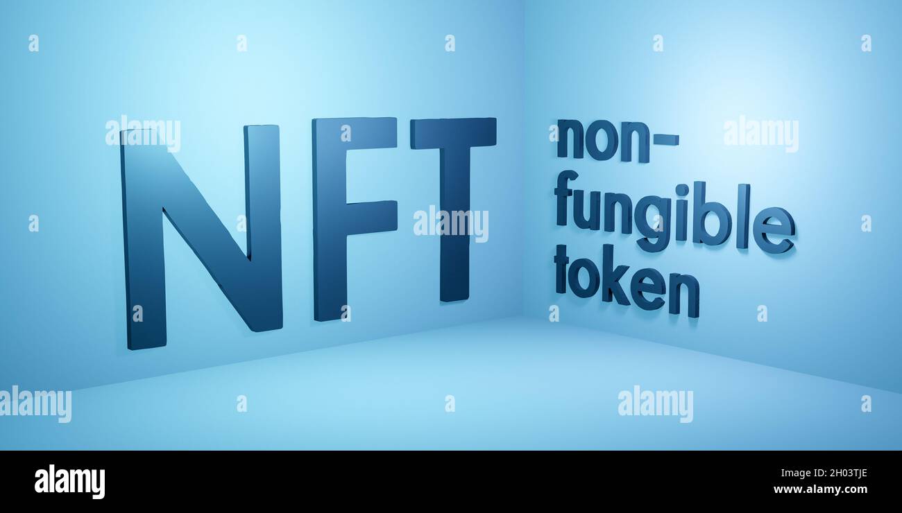 NFT (non-fungible token) word and letters in blue colour, conceptual 3D ...