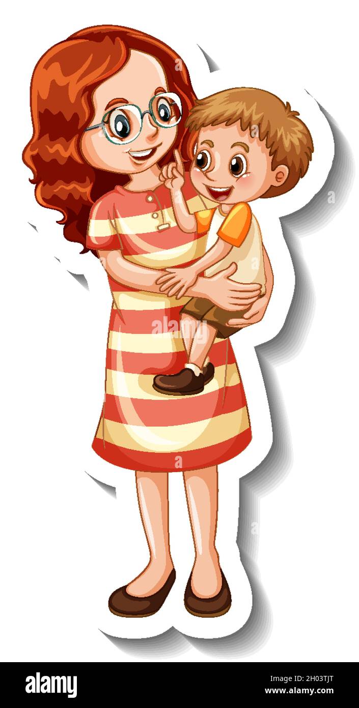 A sticker template with mother holding her son in standing pose ...