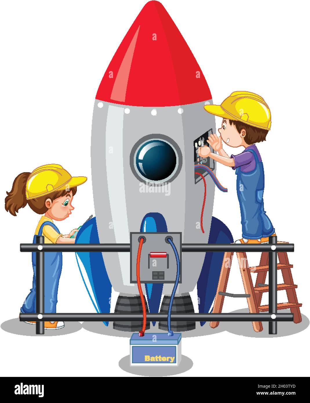 Children building rocket together on white background illustration ...