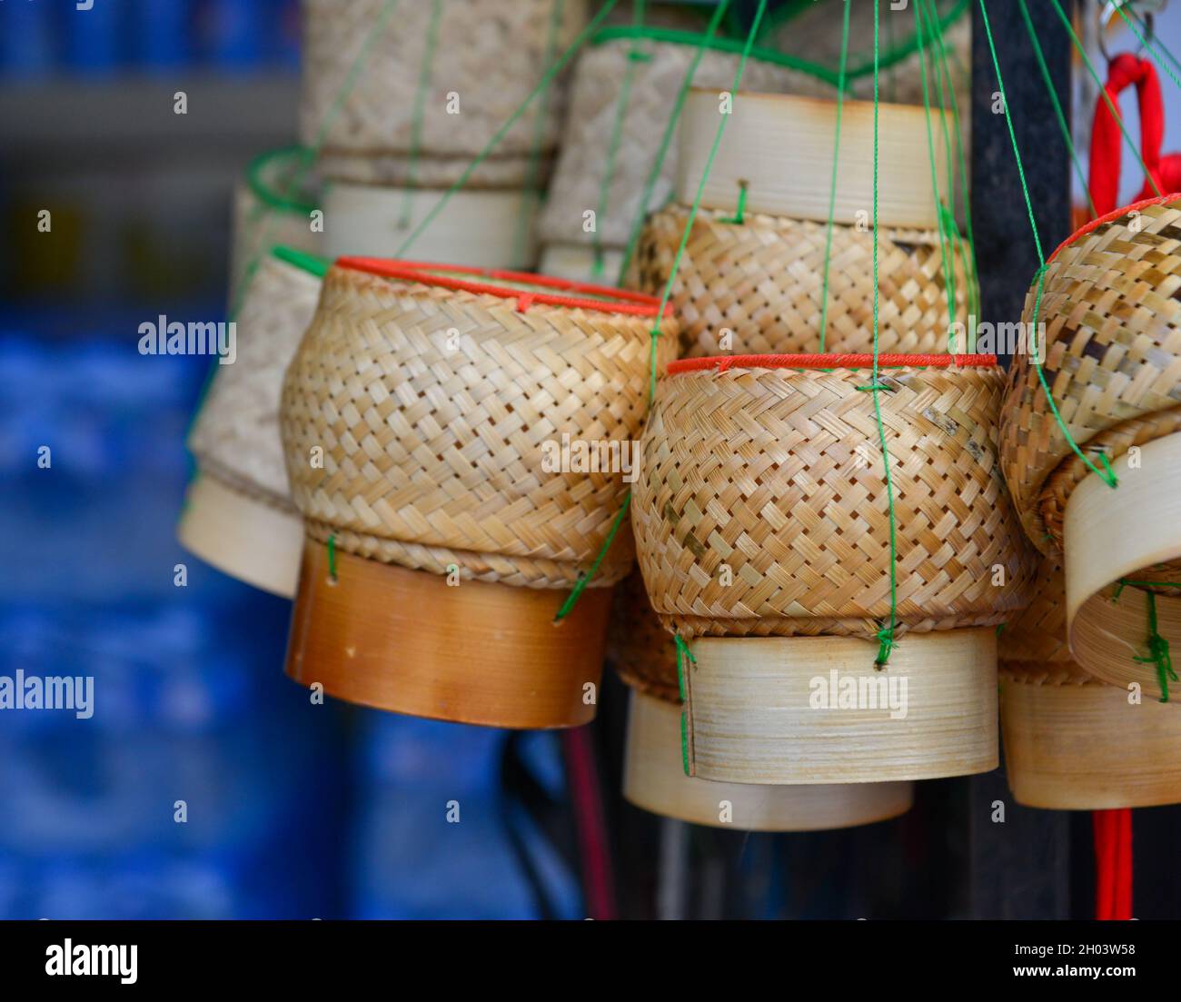 Handicraft bamboo basket for sale at the rural market in Laos Stock ...