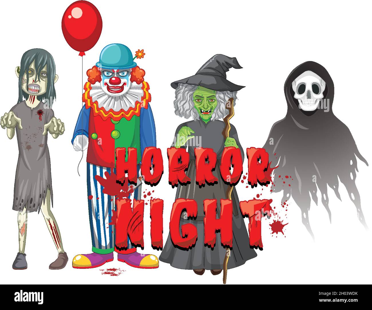 Horror Night text design with Halloween ghost characters illustration ...
