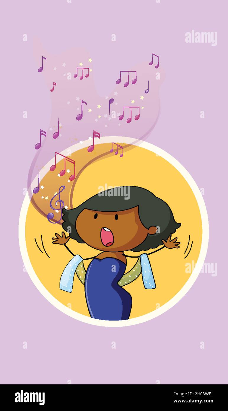 Doodle cartoon character of a singer woman singing with musical melody ...