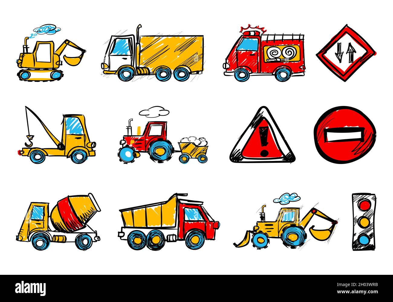 Child's hand draw car element.Funny colored cartoon Doodle.A set of ...