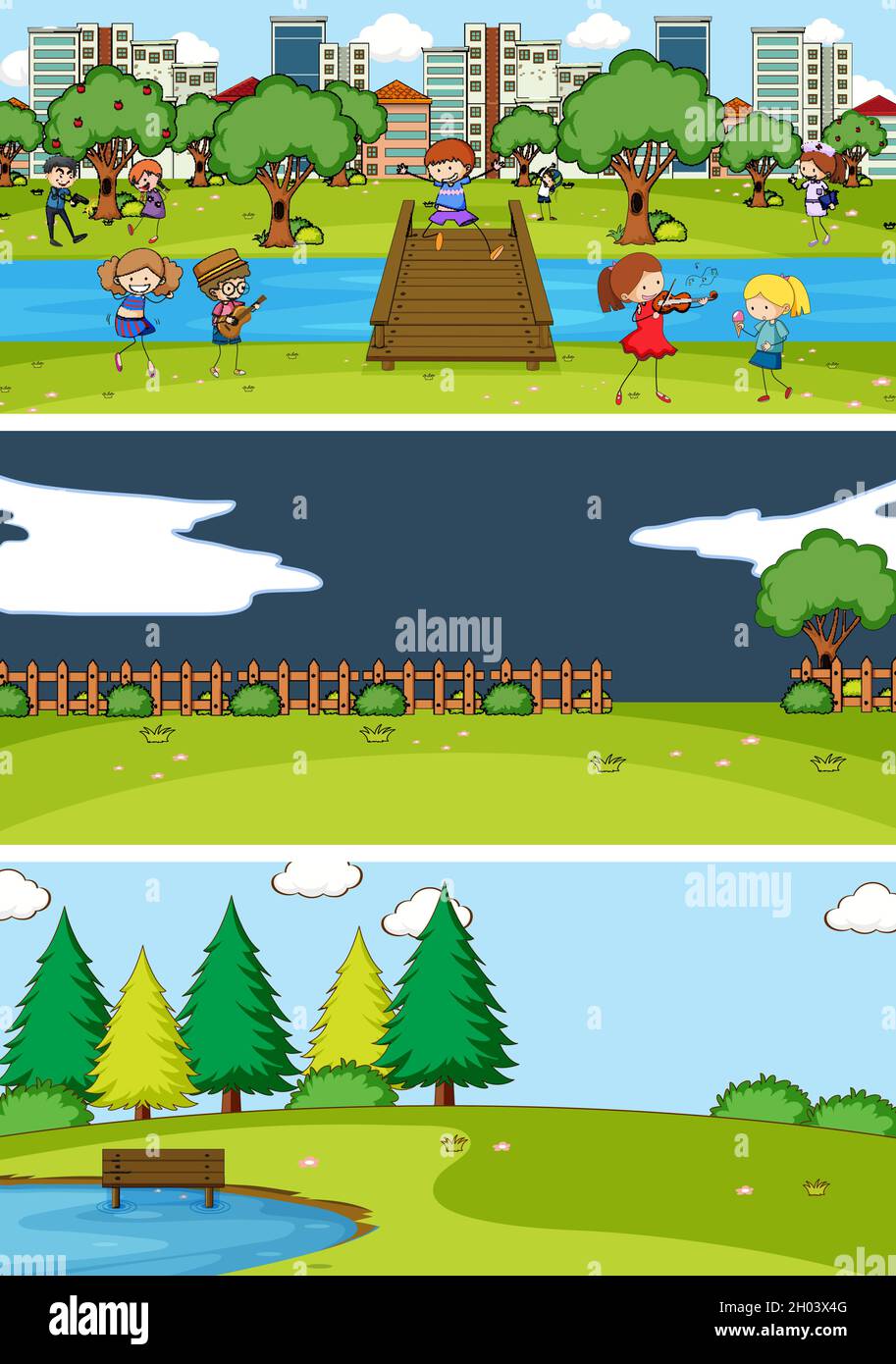 Set of different horizon scenes background with doodle kids cartoon ...