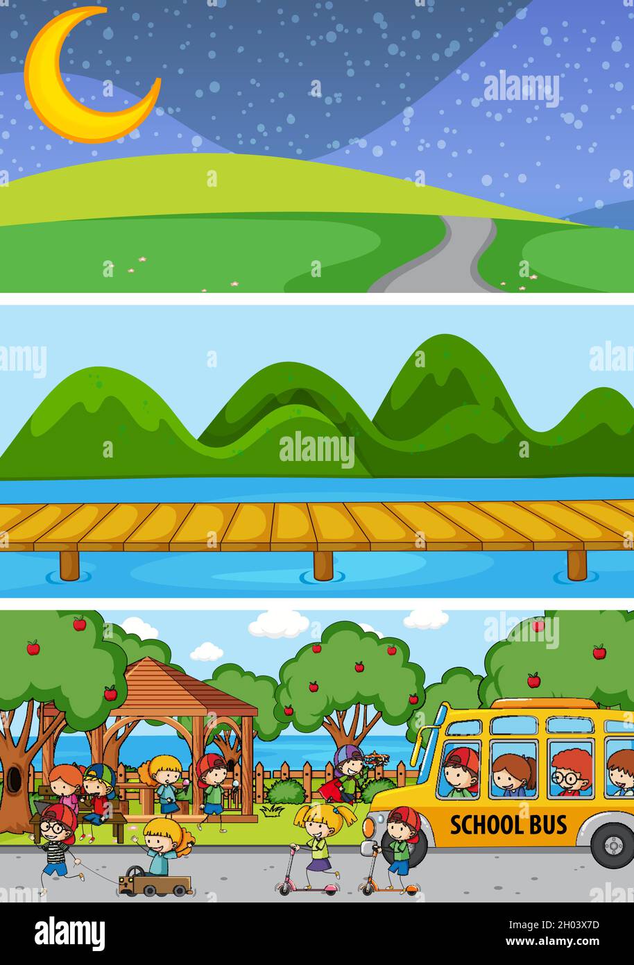 Set of different horizon scenes background with doodle kids cartoon ...