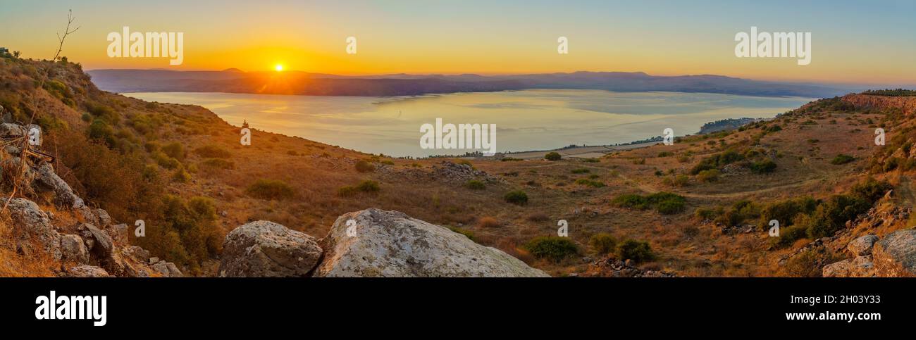 Panoramic sunset view of the Sea of Galilee from the Golan Heights ...