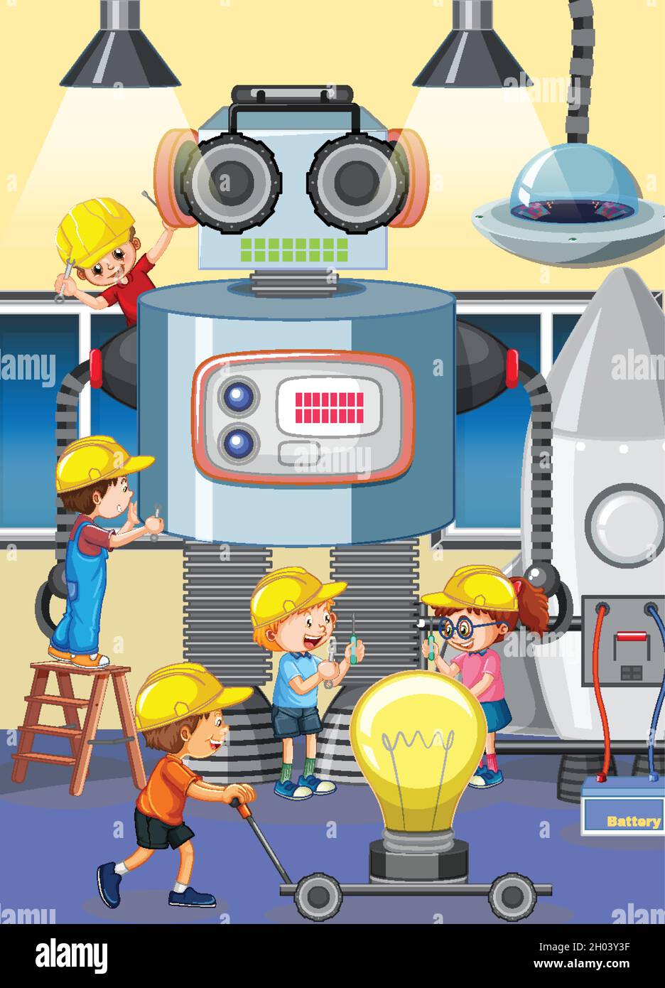 Scene with children building robot together illustration Stock Vector ...