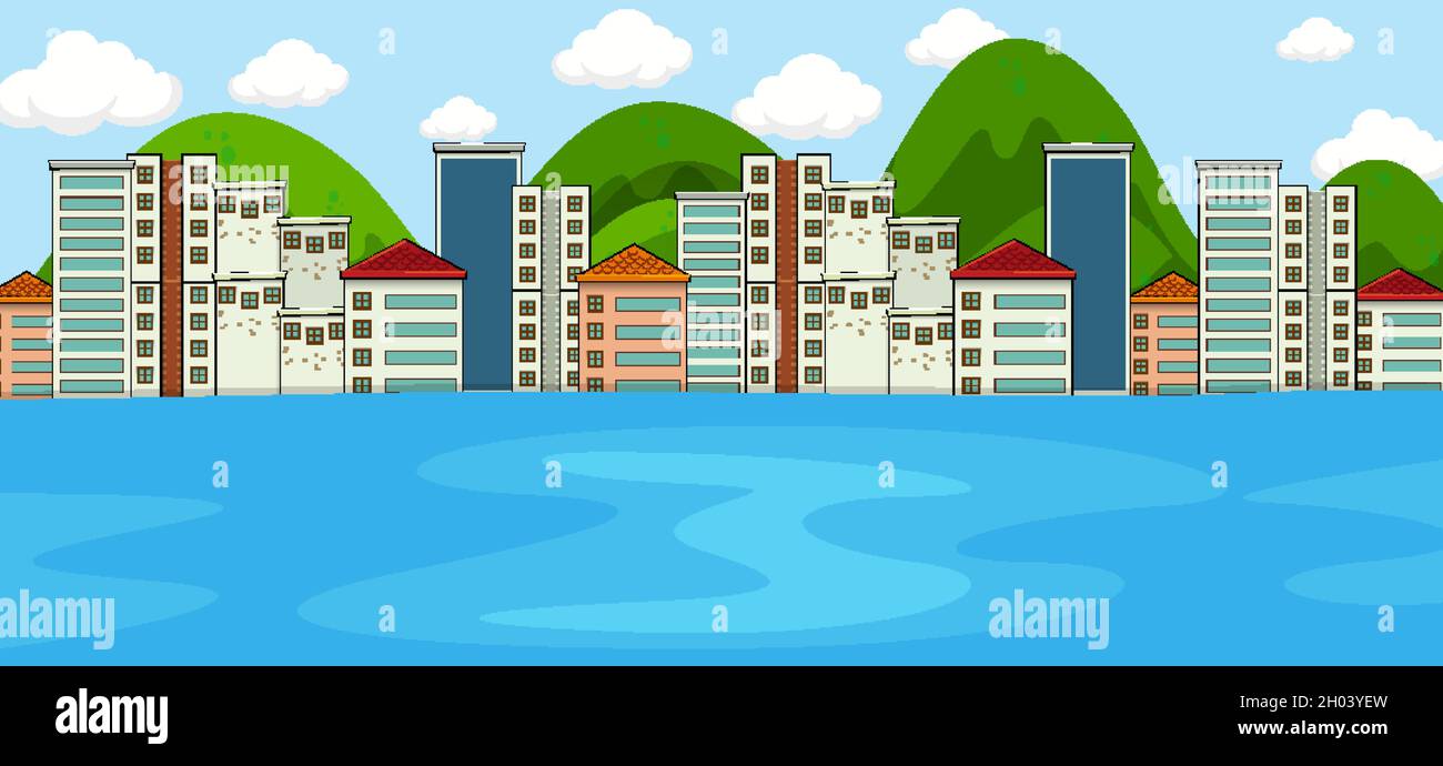 Horizontal scene with river and cityscape background illustration Stock ...
