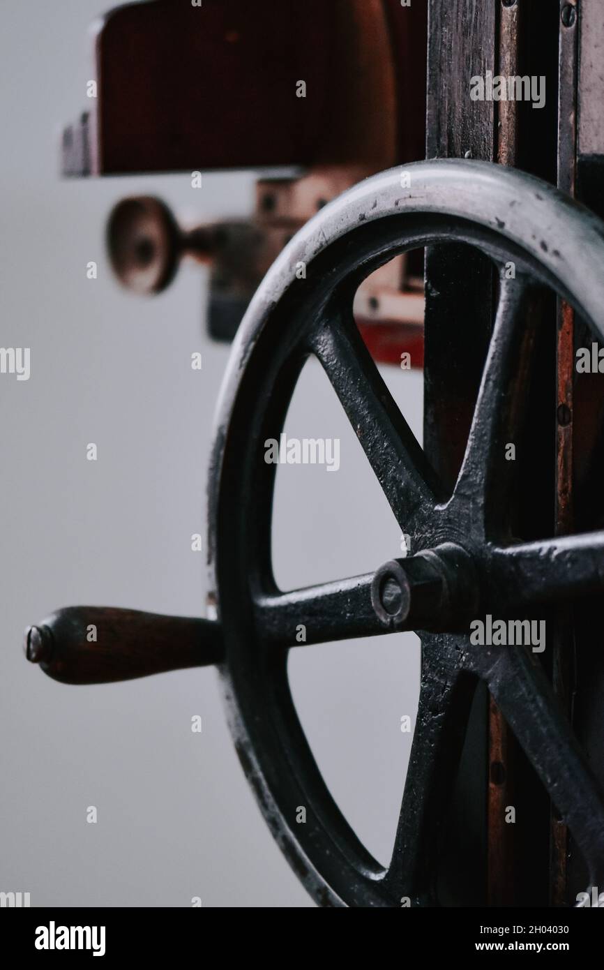 Vintage metal wheel crank displayed in the Science and Technology ...