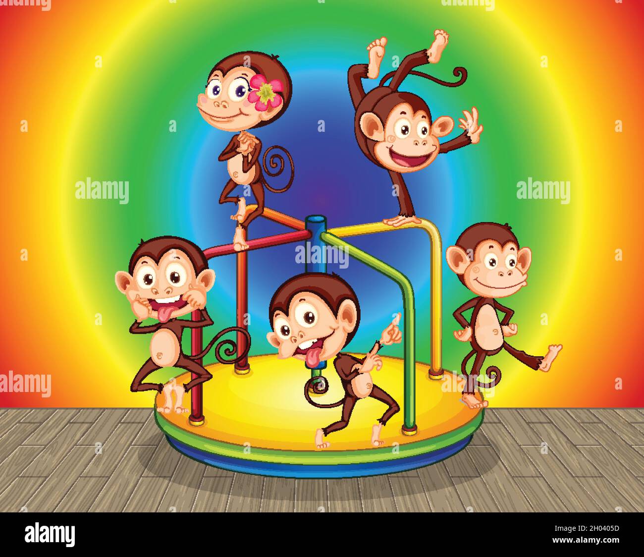 Many monkeys with carousel on rainbow gradient background illustration ...