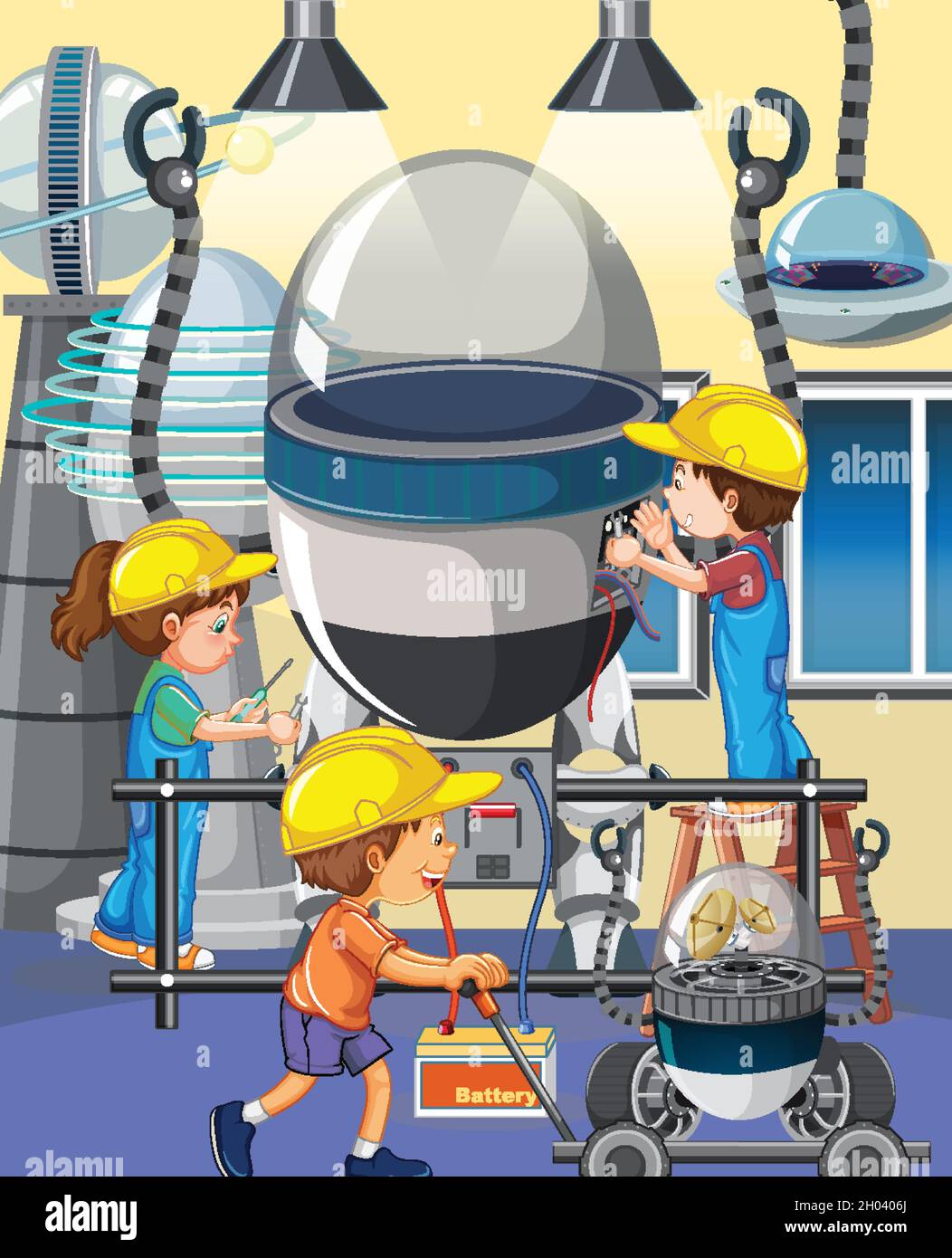 Scene with children building robot together illustration Stock Vector ...