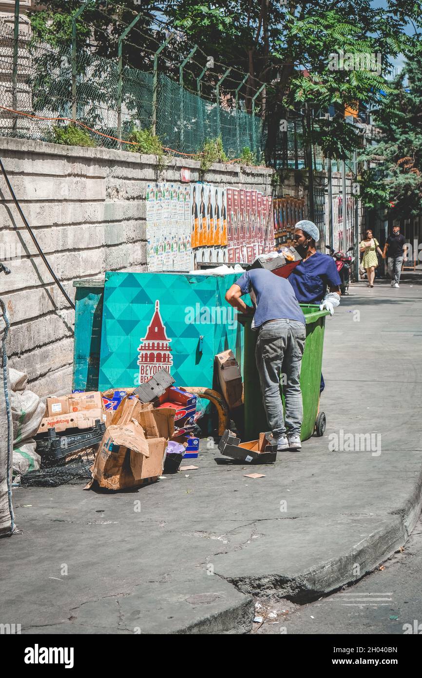 ISTANBUL, TURKEY - Sep 16, 2021: The homeless people are looking for ...