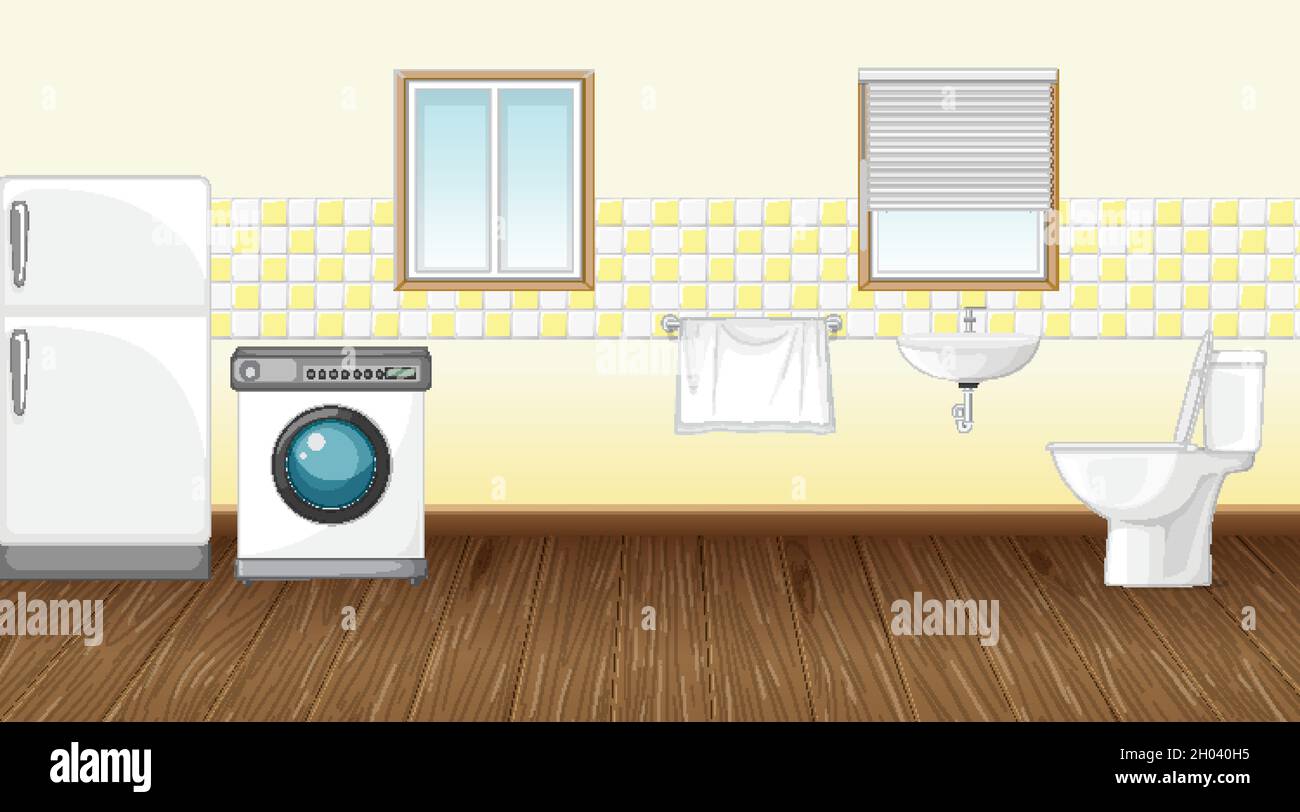Scene with washing machine and refrigerator in the toilet illustration ...