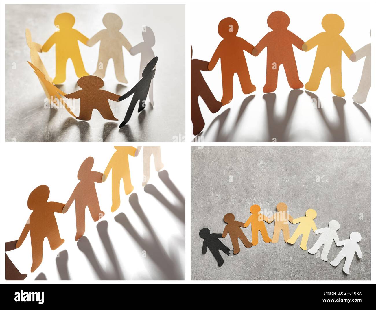 Set with paper people holding hands on grey background. Unity concept ...