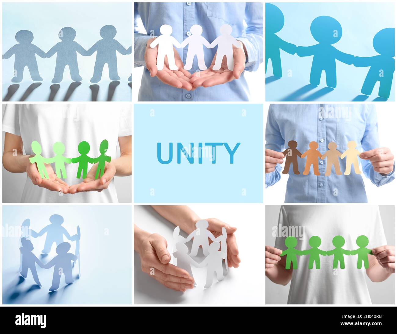 Set with paper people holding hands on grey background. Unity concept ...
