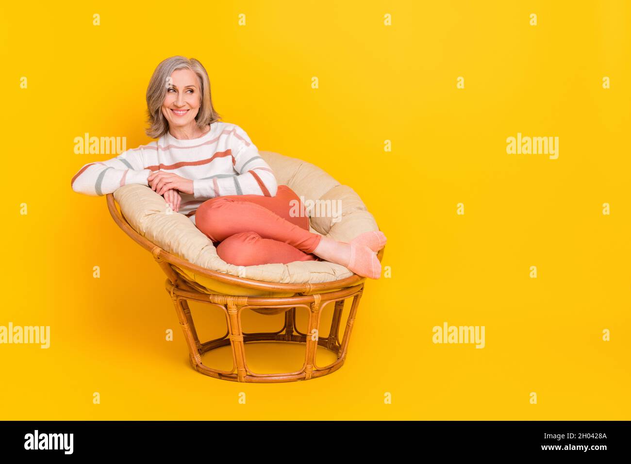 Photo of sweet charming retired woman dressed white sweater smiling ...