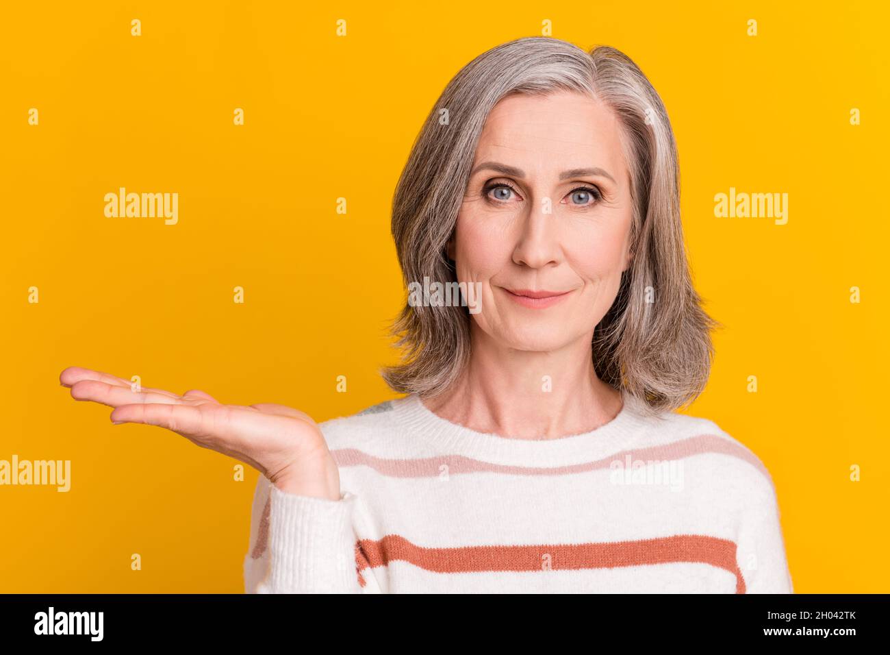 Photo of sweet charming retired woman dressed white sweater smiling ...