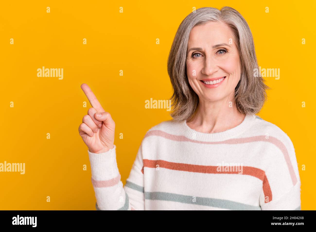 Photo of charming cute retired woman dressed white sweater smiling ...