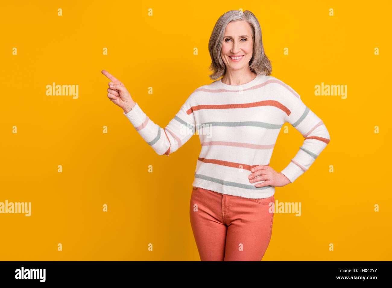 Photo of charming cute retired woman dressed white sweater smiling ...