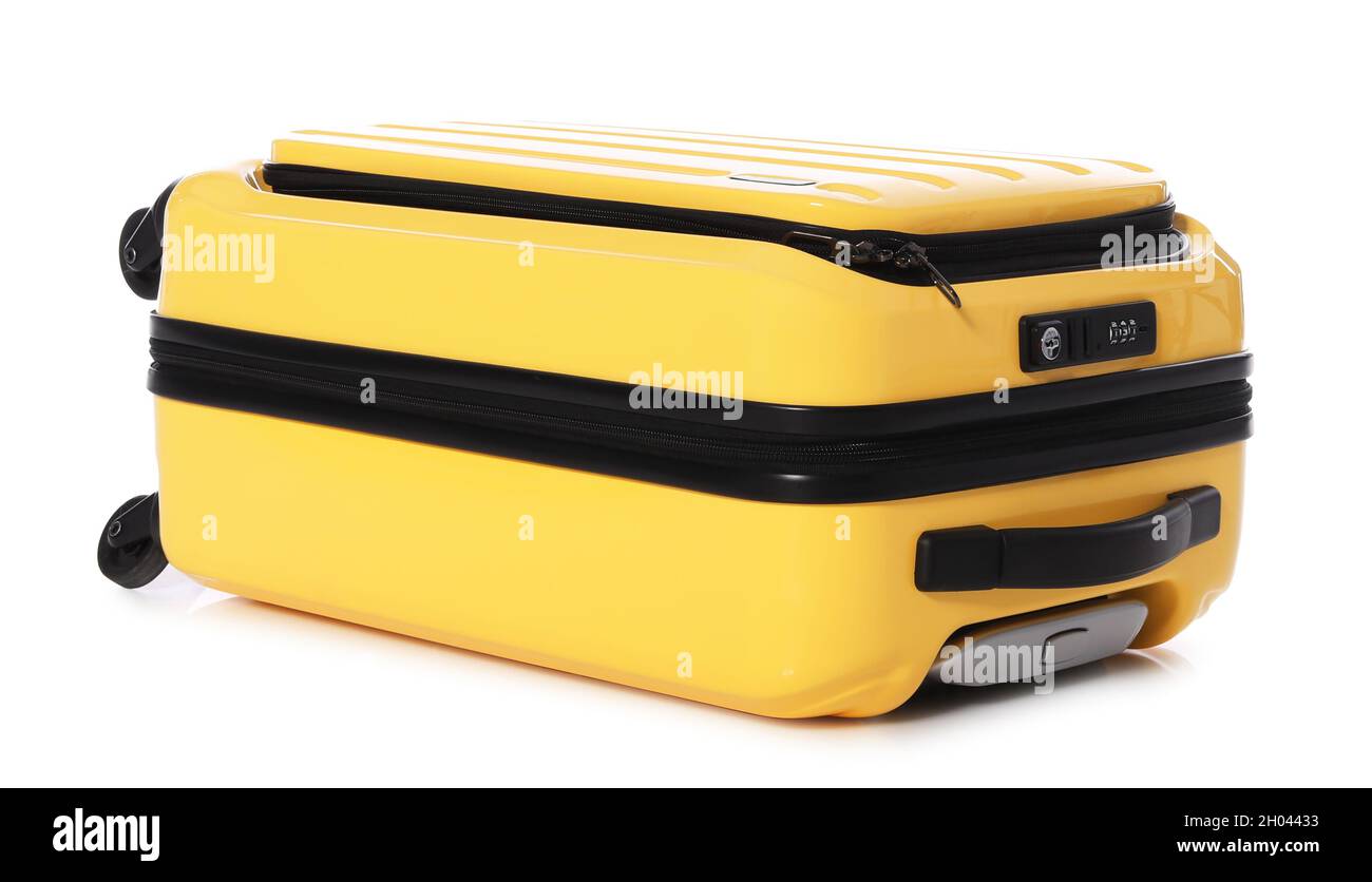 Bright yellow suitcase on white background Stock Photo - Alamy