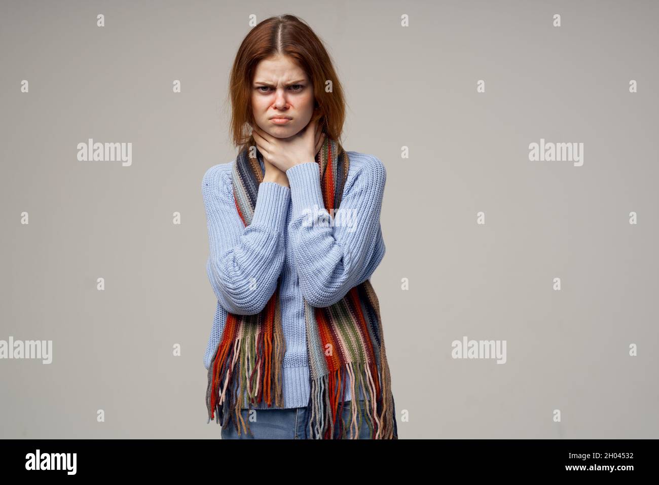 sick woman health problems temperature isolated background Stock Photo ...