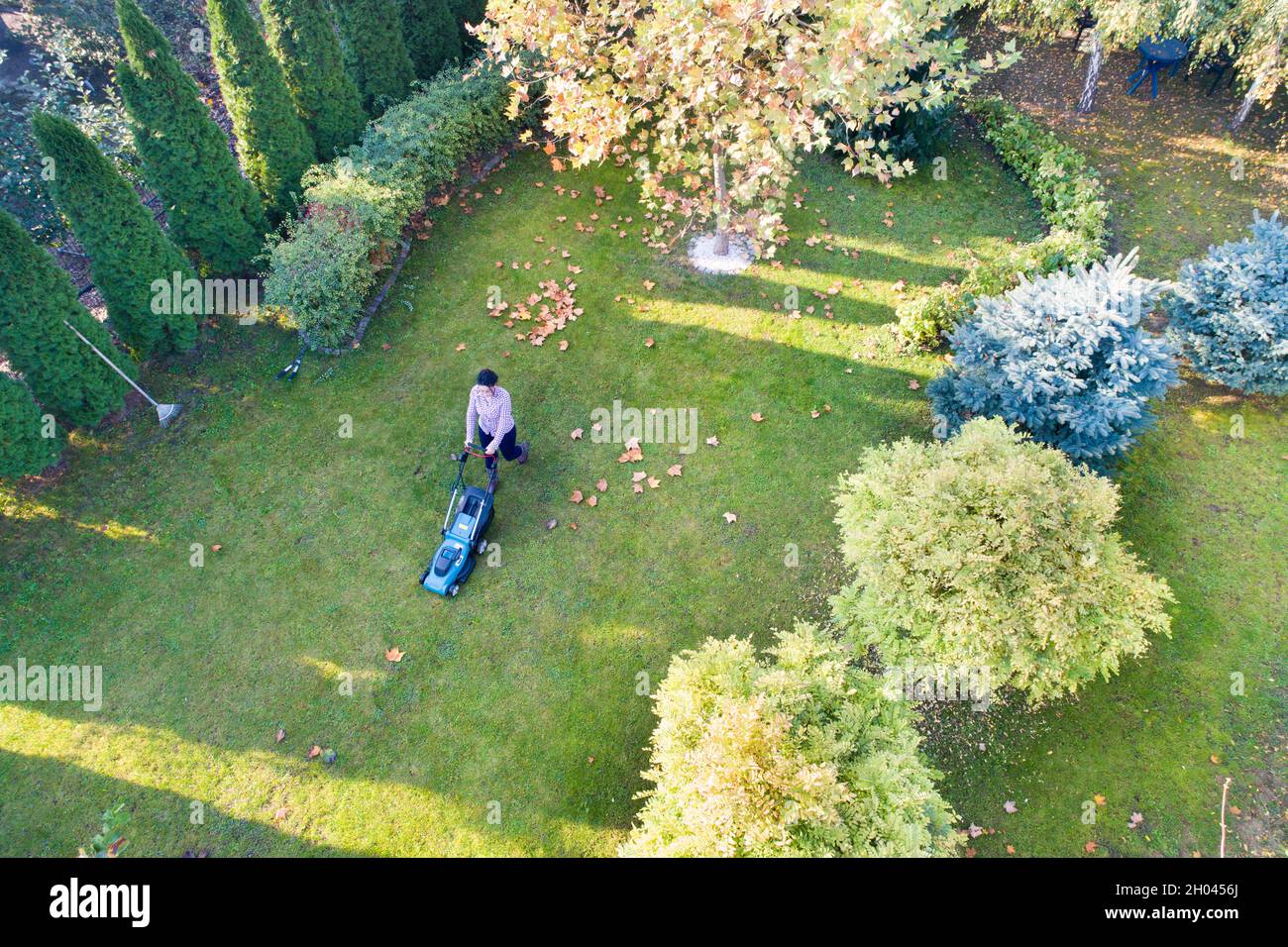 Aerial view of girl mowing lawn in backyard shoot from drone Stock ...