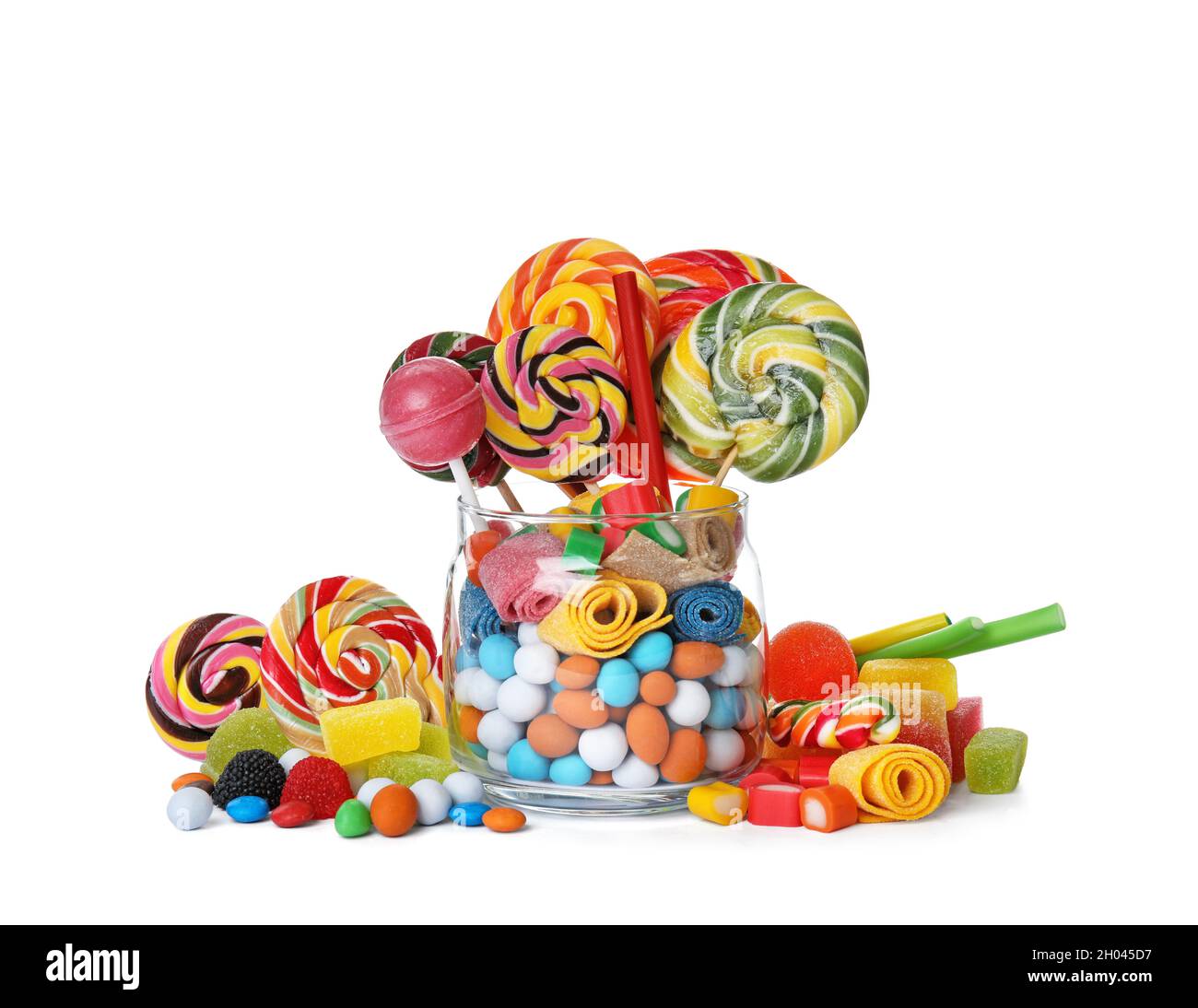 Composition with many different yummy candies on white background Stock ...