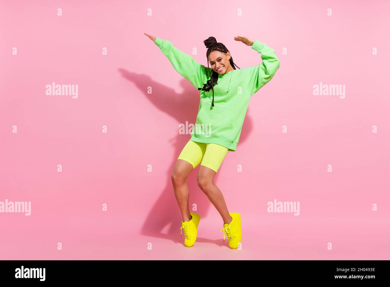 Full size photo of happy nice afro american young woman dance funky ...