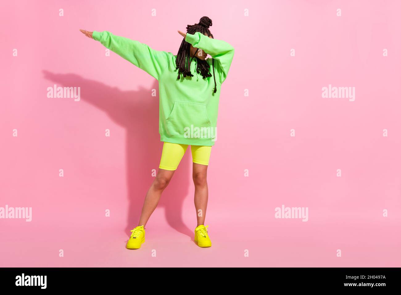 Full body photo of happy dark skin young woman dance dab pose isolated ...