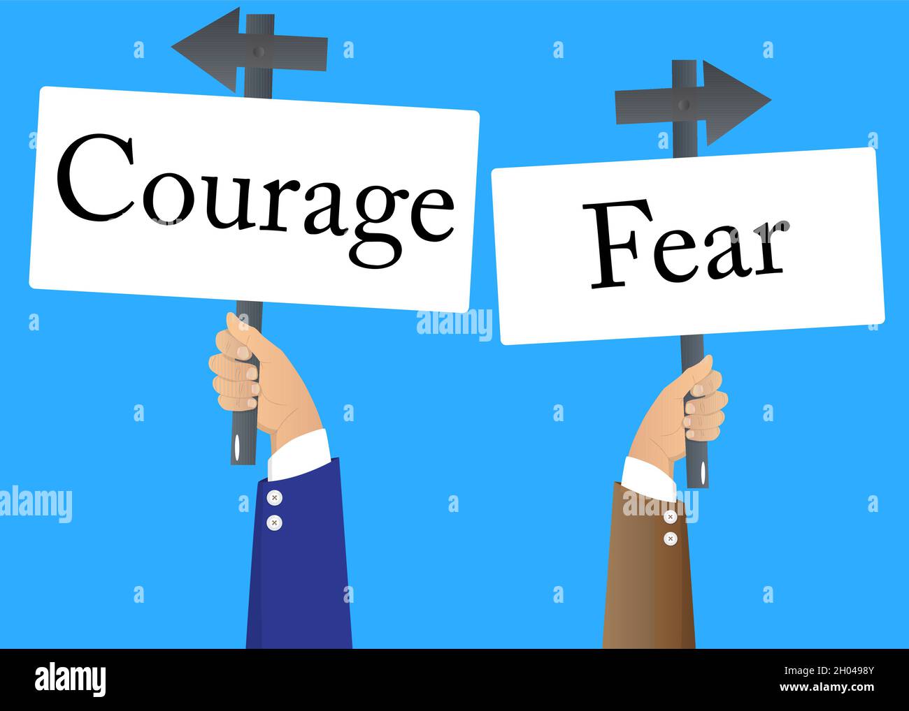 Hand holding banner with Courage and fear text with arrows on white ...