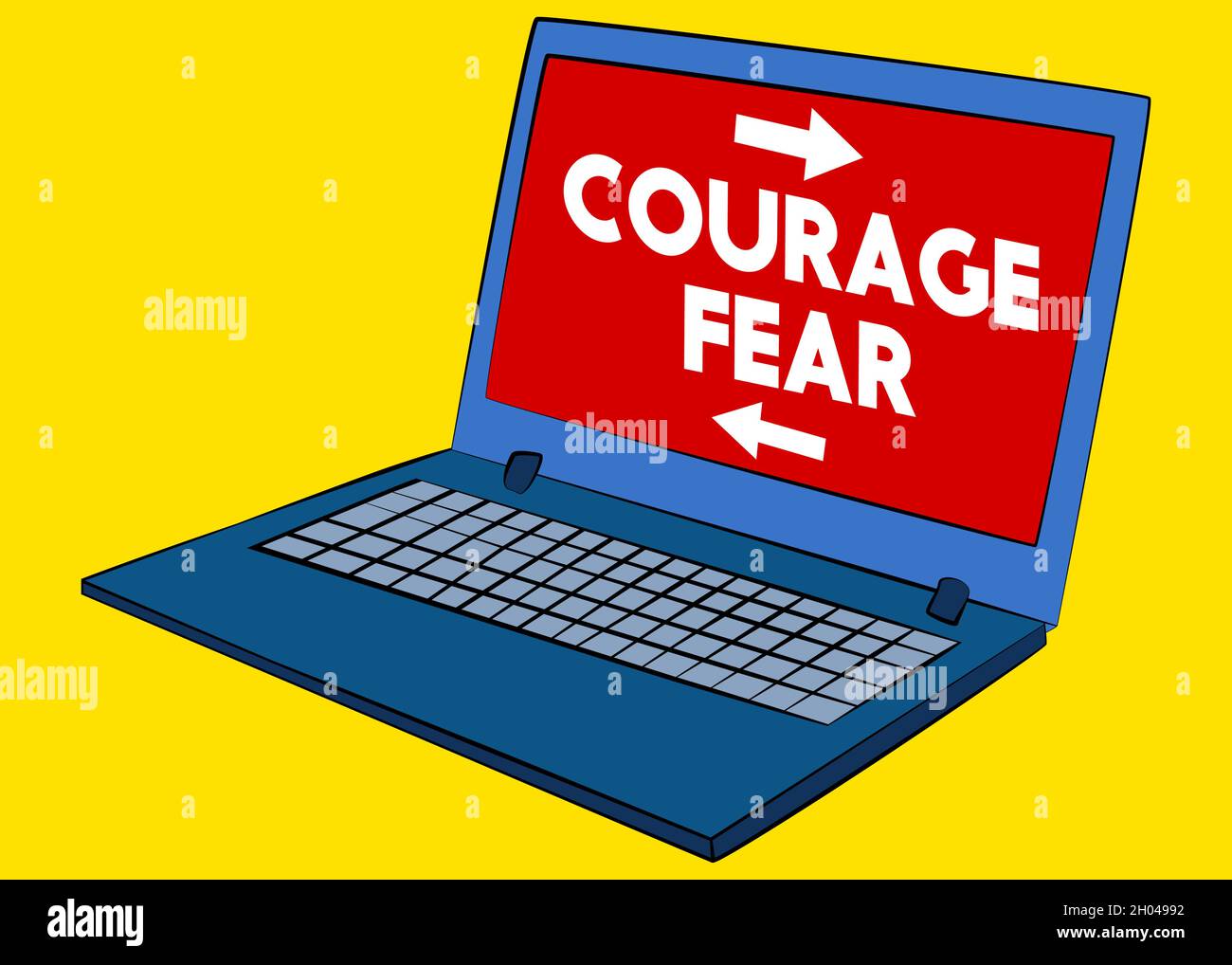 Laptop with the word Courage and fear, text with arrows on the screen ...