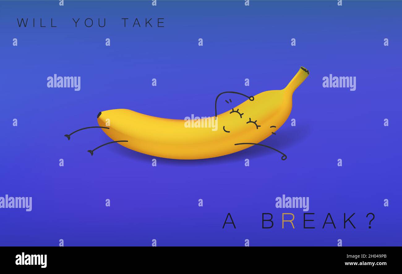 Break concept. Vector realistic banana lies relaxed on a blue ...