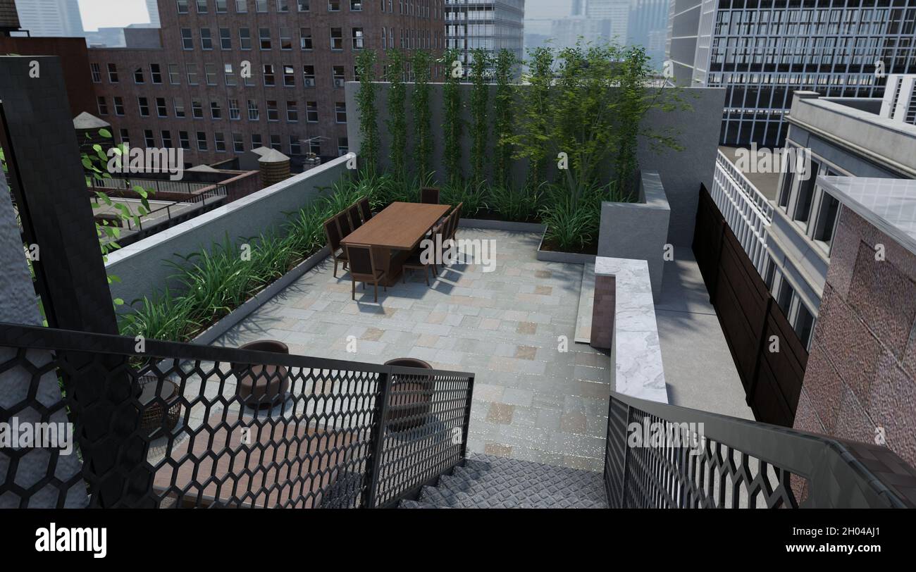 3D illustration the rooftop garden of the high-rise building Stock ...