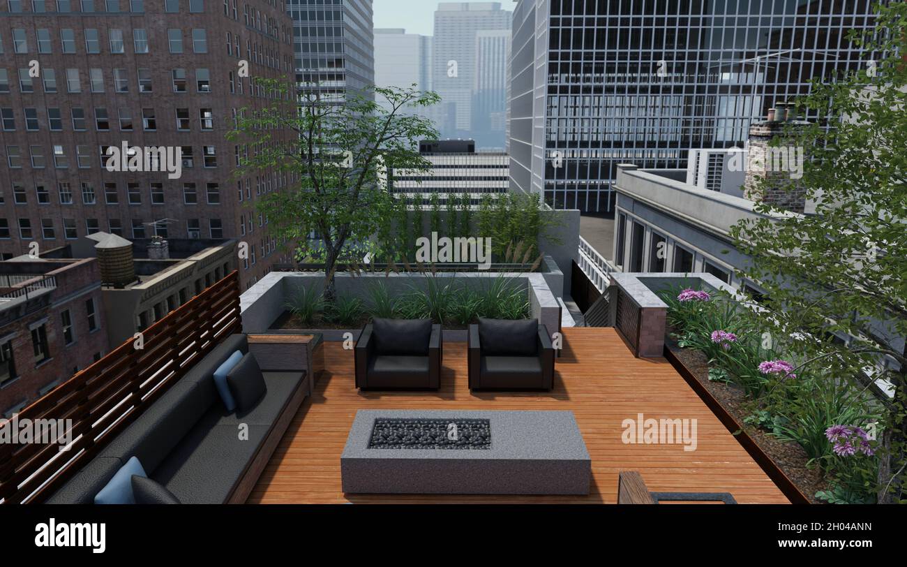 3D illustration the rooftop garden of the high-rise building Stock ...