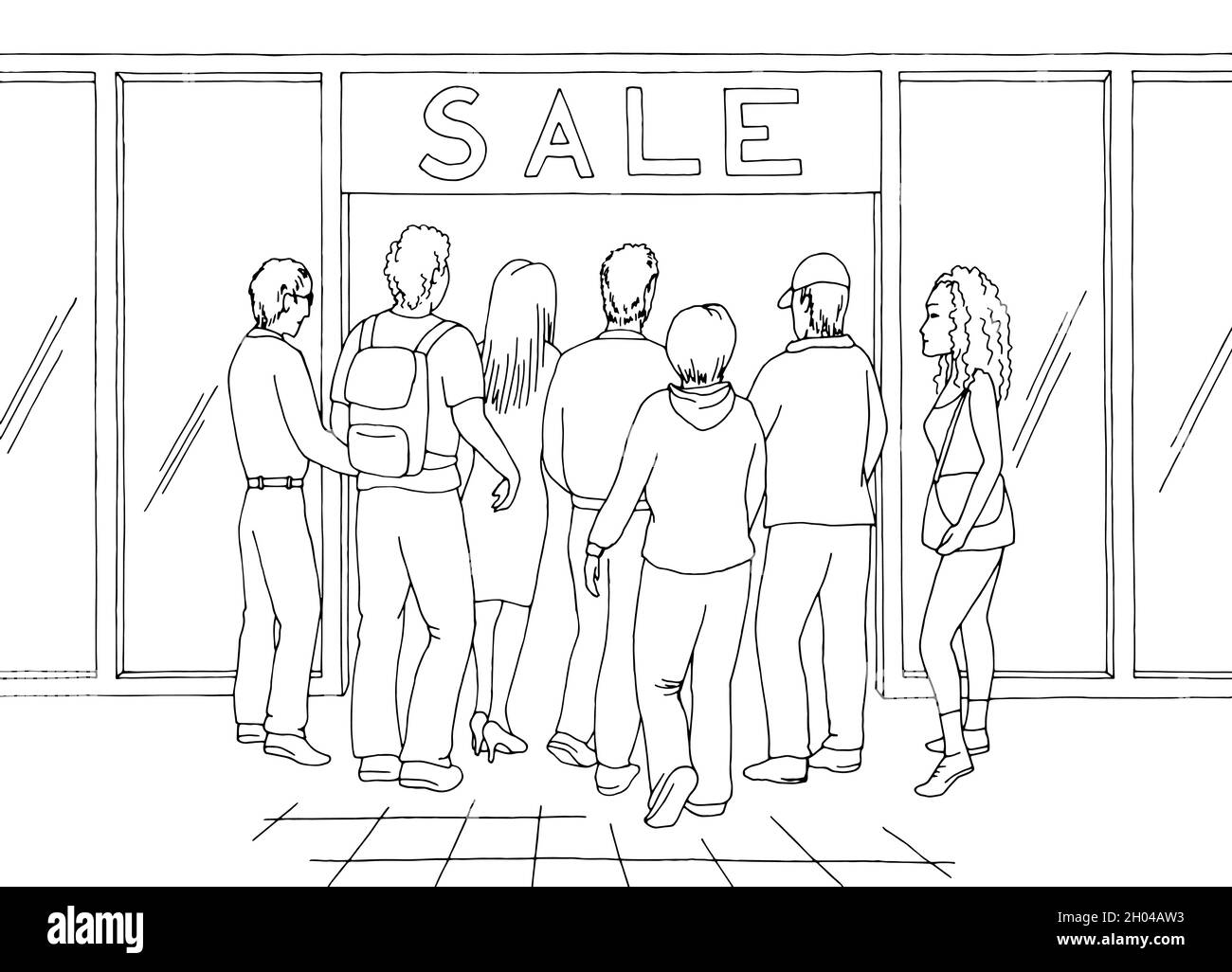 Crowd of people go to the store mall graphic black white interior ...
