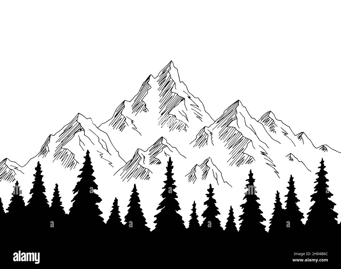 Mountain hill forest graphic black white landscape sketch illustration ...