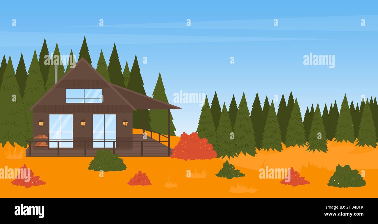 Modern house in autumn forest landscape, fall scene vector illustration ...