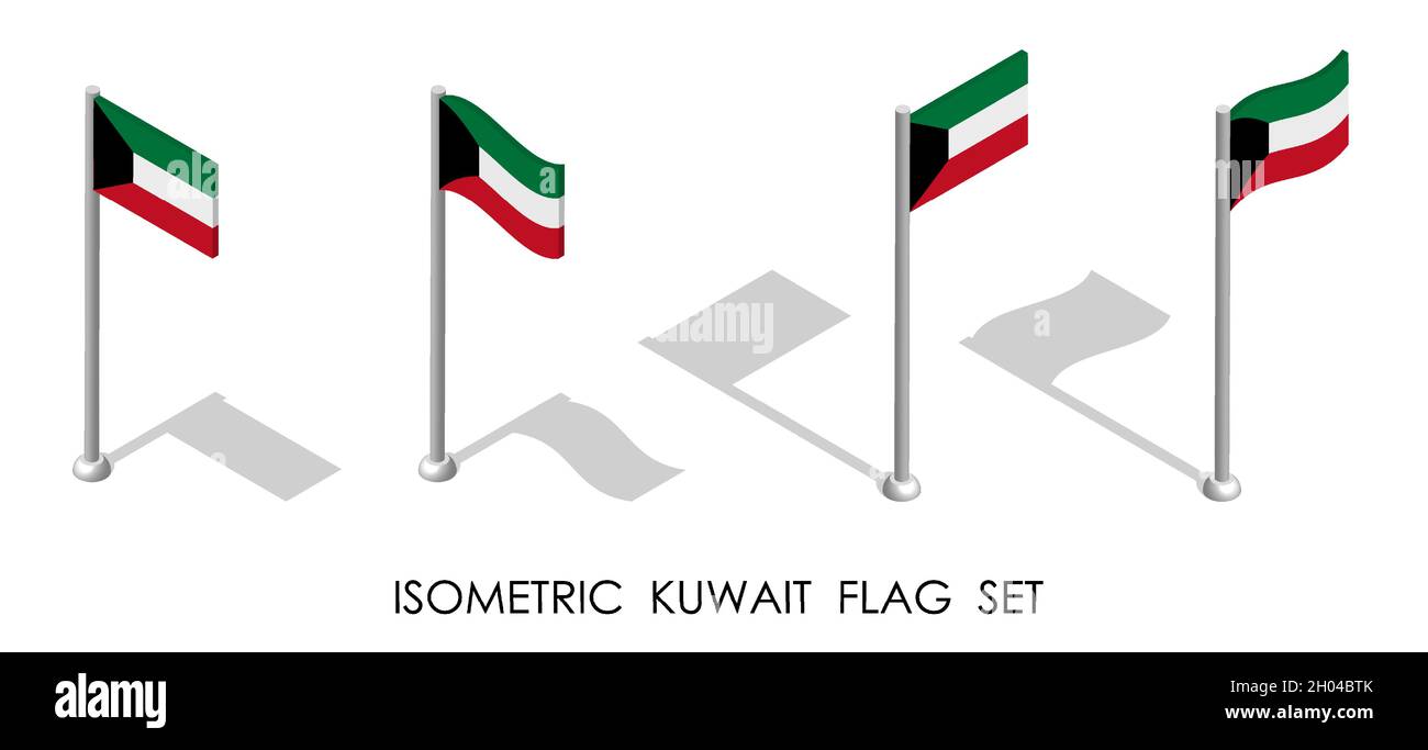 isometric flag of KUWAIT in static position and in motion on flagpole ...