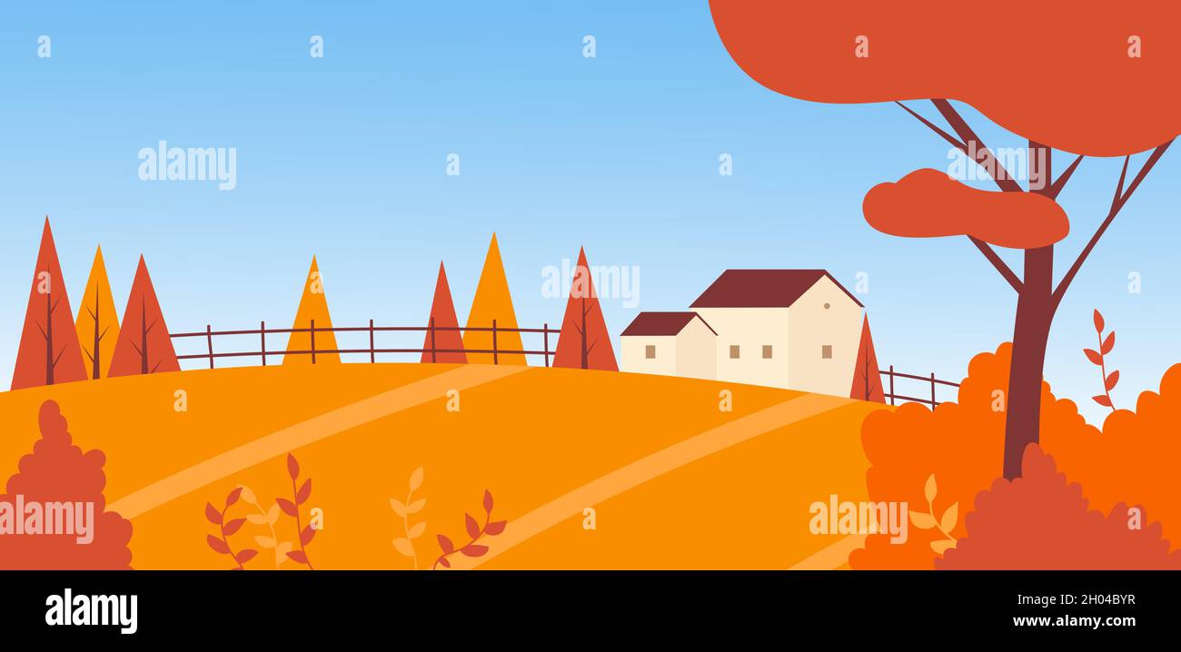 Autumn farm field, house with barn, garden and fence in village ...