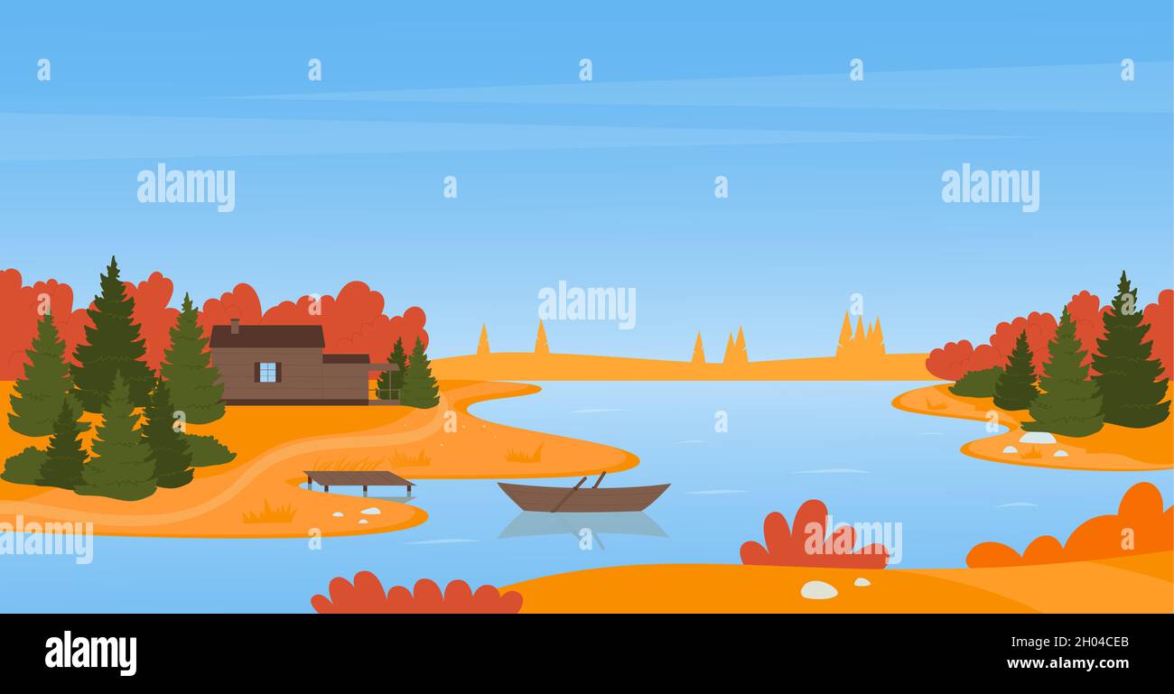 River rural autumn landscape with wooden house in forest vector ...
