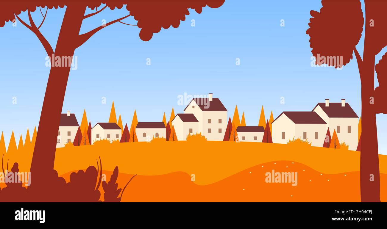 Autumn town, village or city urban landscape vector illustration ...